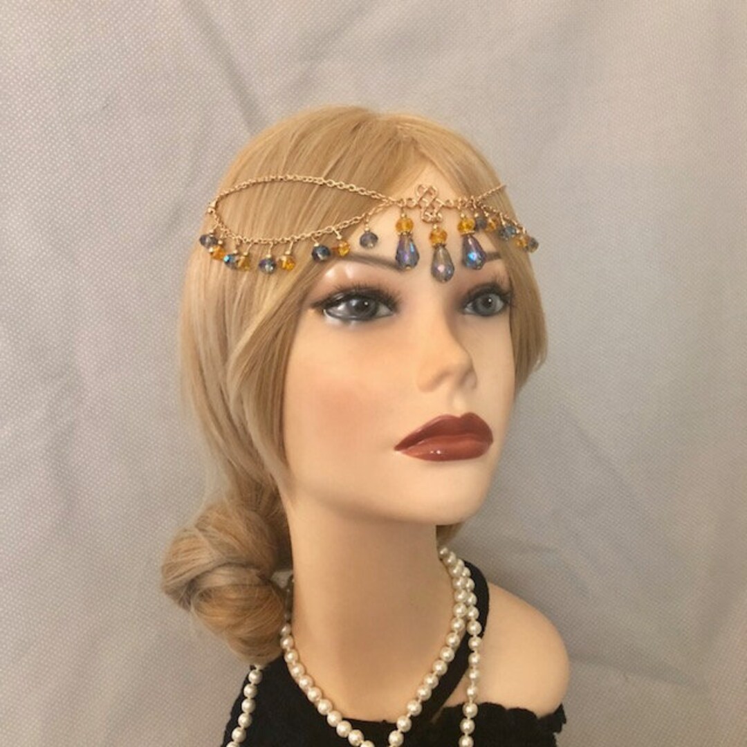 1920's BLUE & Yellow Flapper Headpiece Antique Gold Head Chain ...