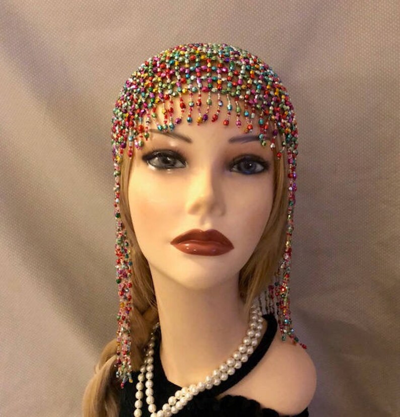 1920s Style FULLY Beaded Multi-color Mardi Gras Fringe FLAPPER Head Cap ...