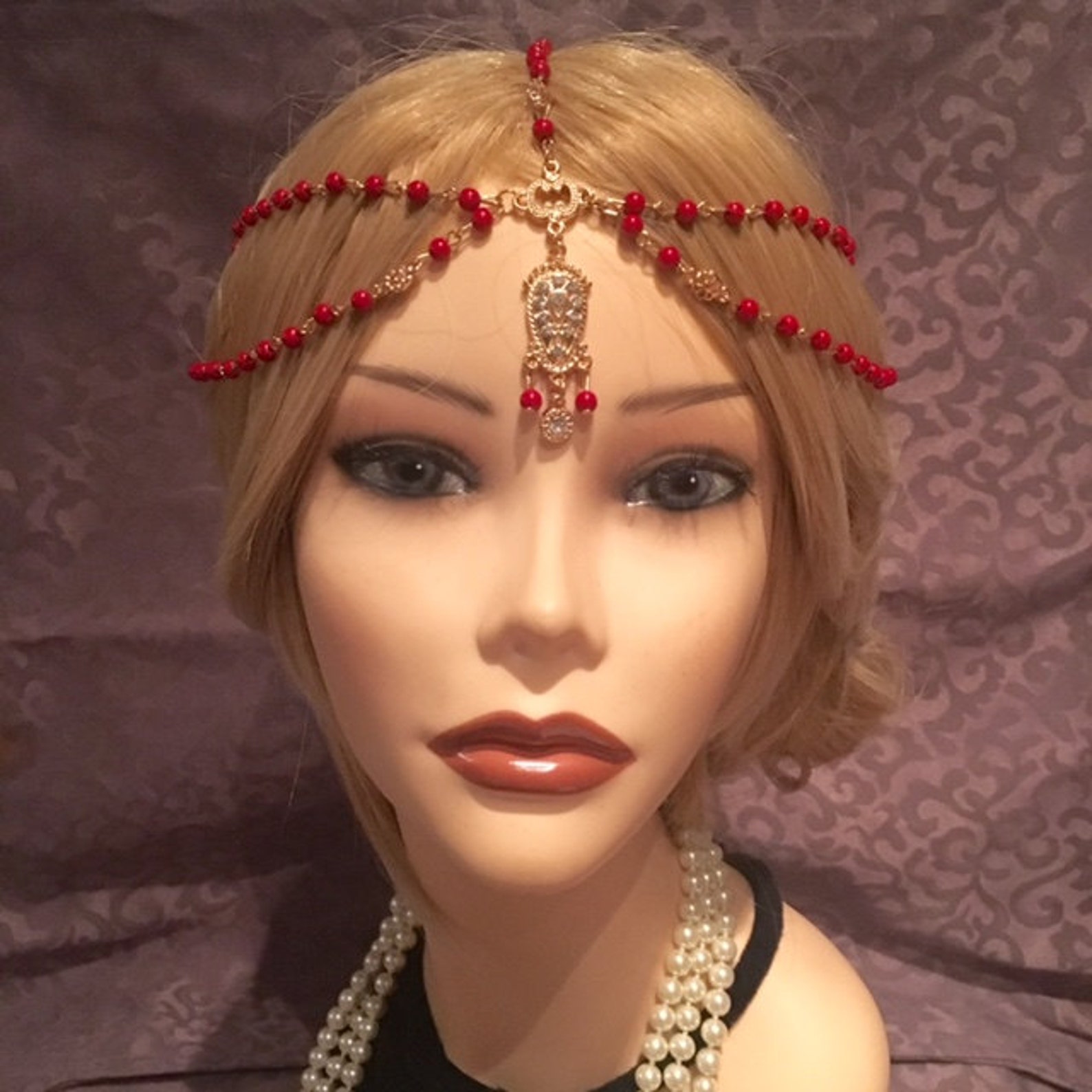 1920's RED Beaded Flapper Headpiece Head Chain Rhinestone - Etsy
