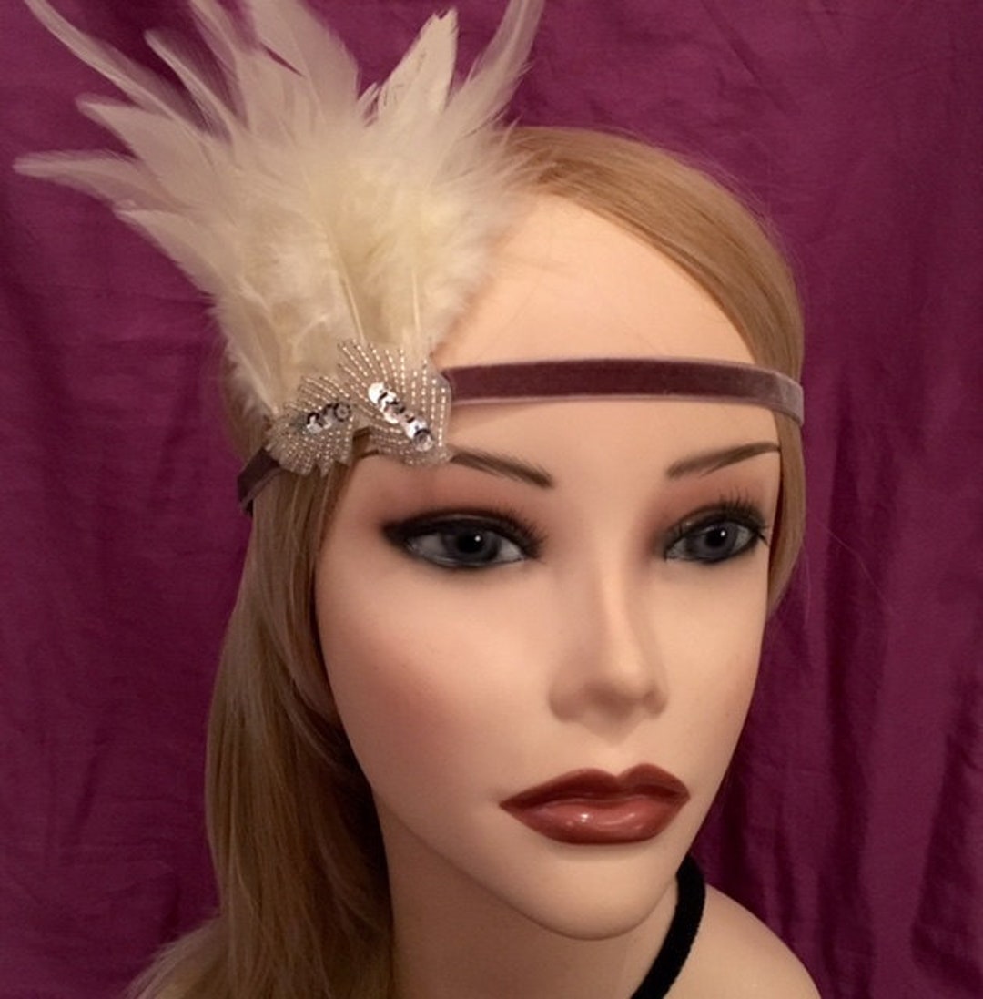 20's Style Flapper Leaf Headband White Gray Silver Velvet - Etsy