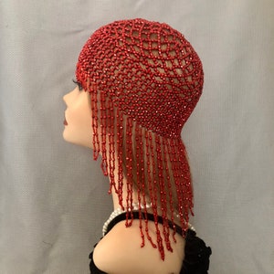 1920s Style FULLY Beaded RED Fringe FLAPPER Head Cap Skull Headpiece ...
