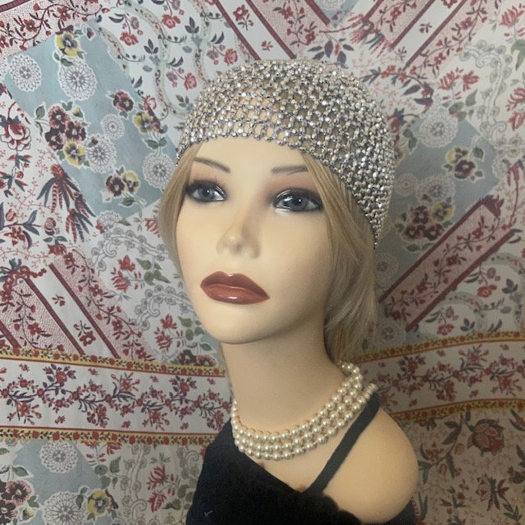 1920s Style FULLY Beaded Silver FLAPPER Head Cap Skull Headpiece Gatsby ...