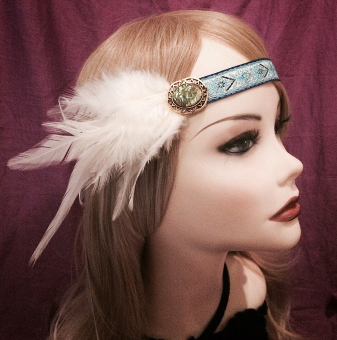 20's Boho Flapper Vintage Style Blue Iridescent Headband 1920's Ivory ...
