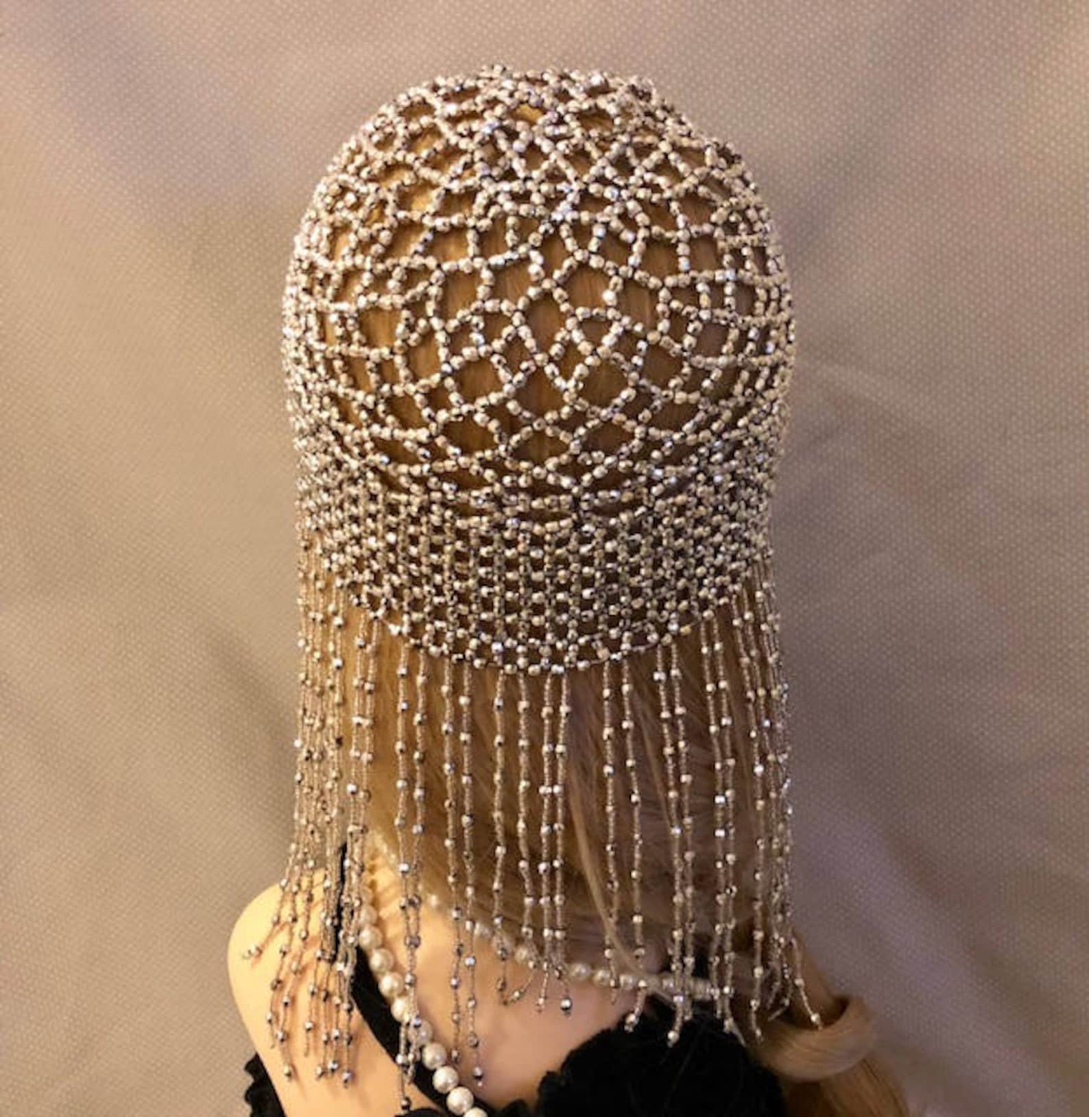 1920s Style FULLY Beaded Silver Fringe FLAPPER Head Cap Skull Headpiece ...