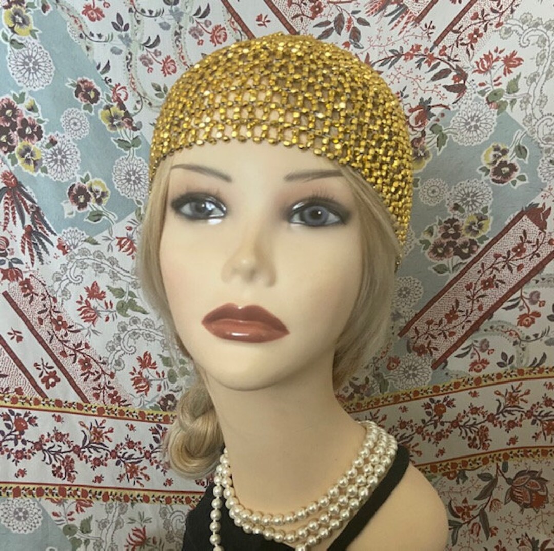 1920s Style FULLY Beaded Gold FLAPPER Head Cap Skull Headpiece Gatsby ...