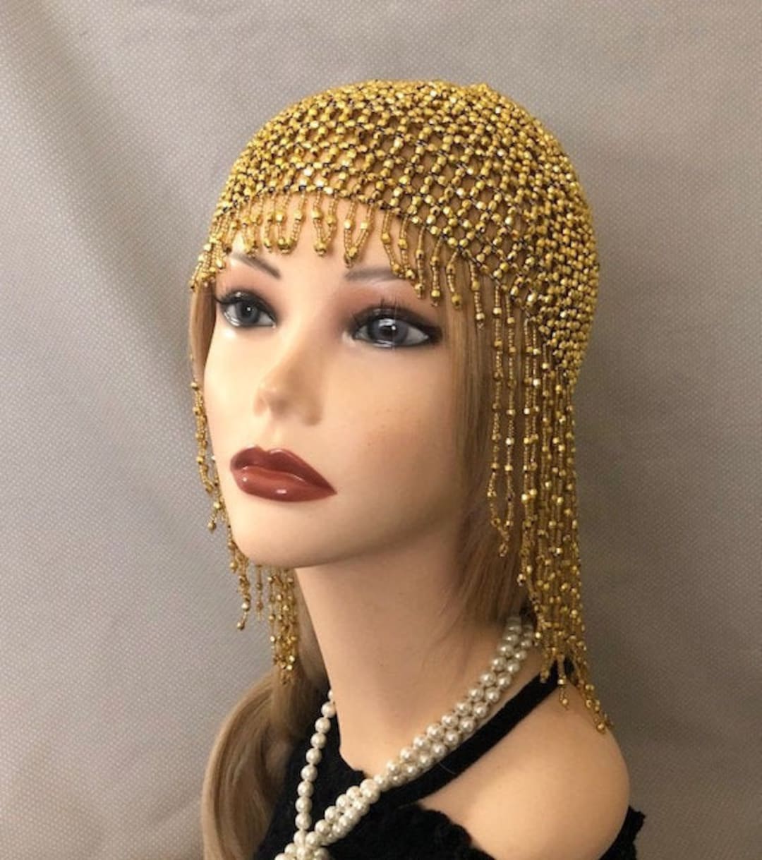 1920s Style FULLY Beaded Gold Fringe FLAPPER Head Cap Skull Headpiece ...