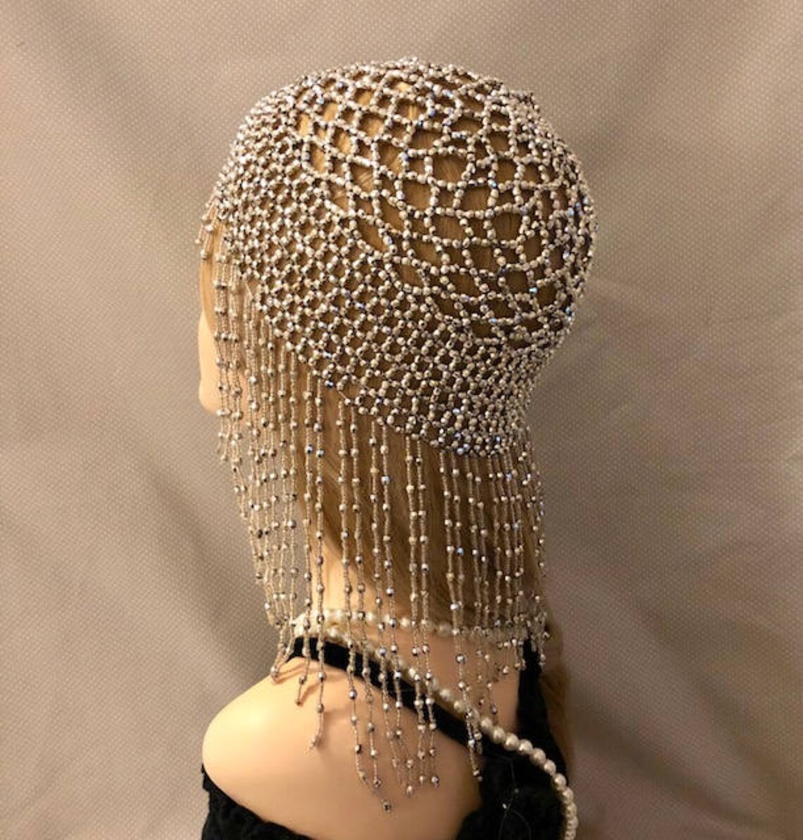 1920s Style FULLY Beaded Silver Fringe FLAPPER Head Cap Skull | Etsy