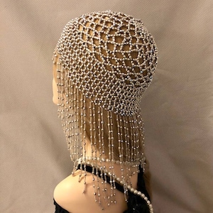 1920s Style FULLY Beaded Silver Fringe FLAPPER Head Cap Skull Headpiece ...