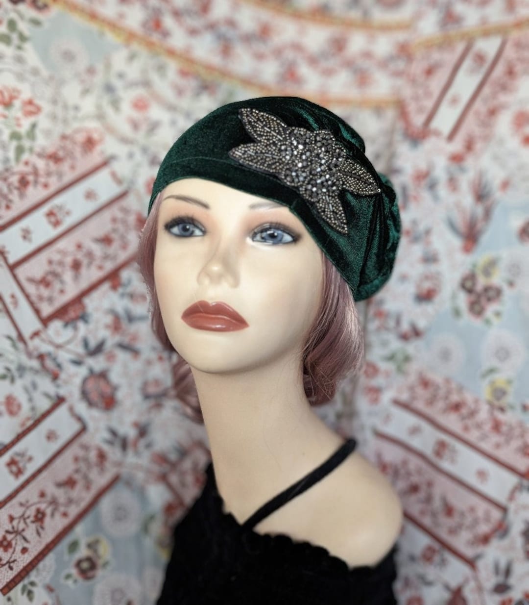 1920's Style Deep Forest Green Cloche Turban Hat Headpiece Hair Jewelry ...