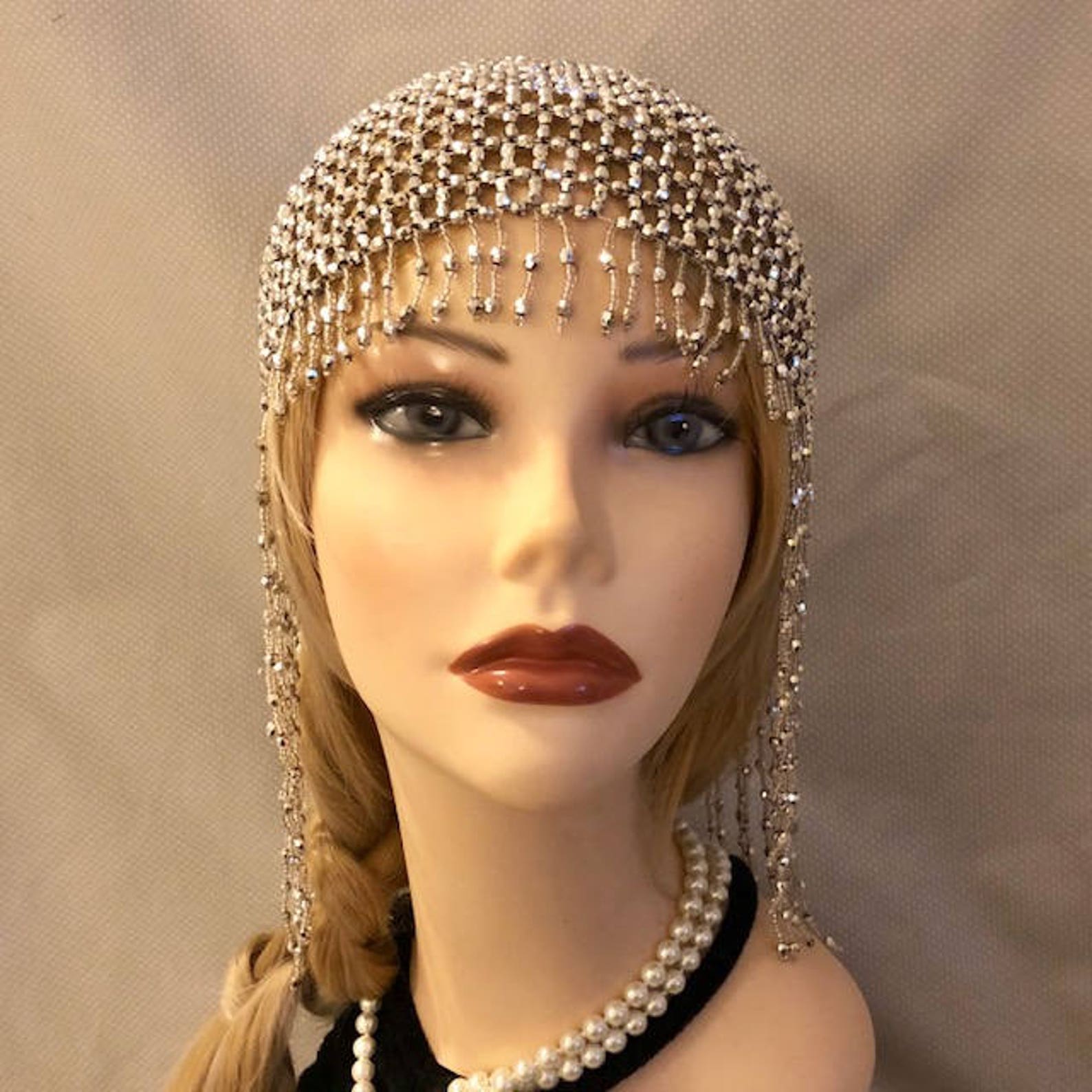 1920s Style FULLY Beaded Silver Fringe FLAPPER Head Cap Skull Headpiece ...