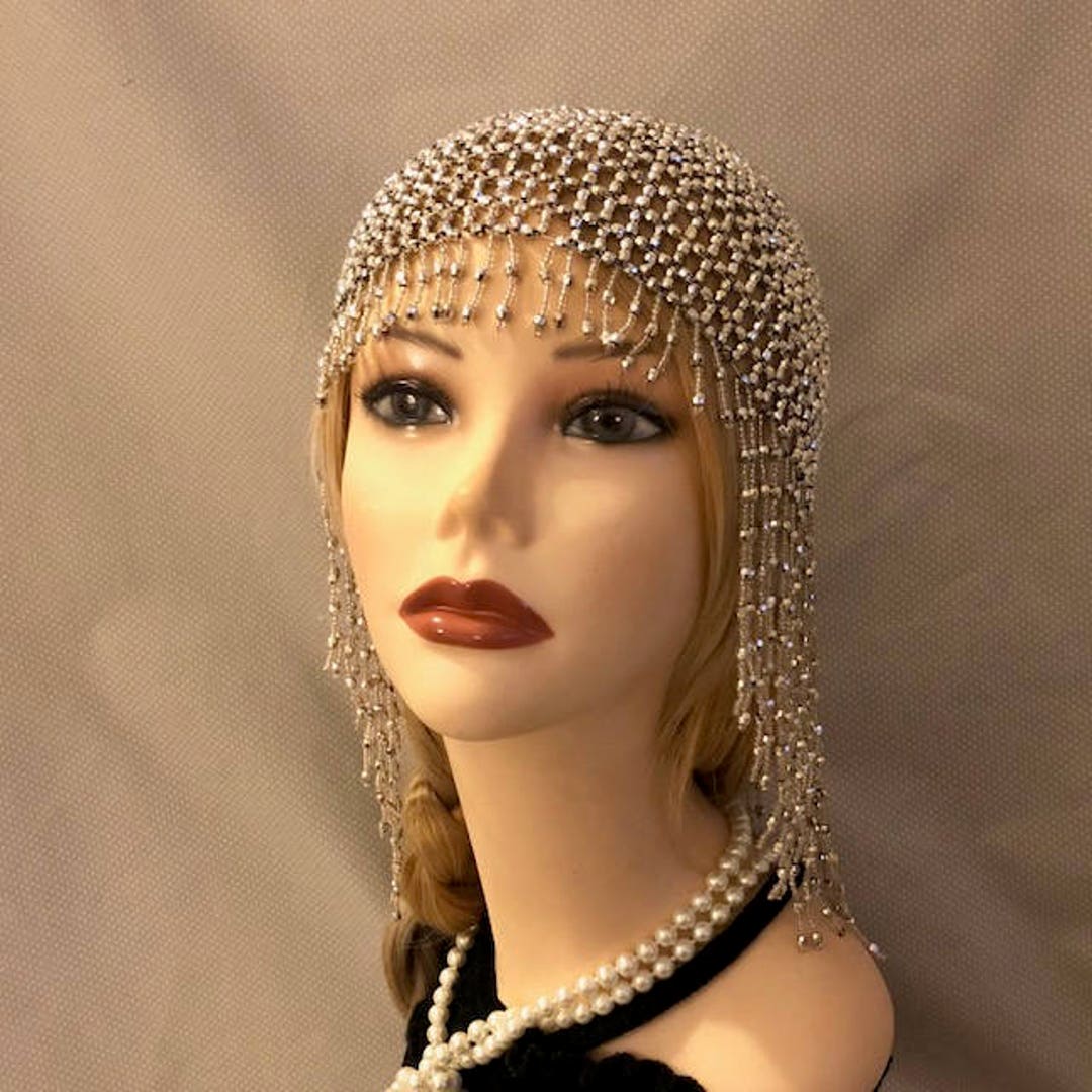 1920s Style FULLY Beaded Silver Fringe FLAPPER Head Cap 1920s Style FULLY Beaded Silver Fringe FLAPPER Head Cap