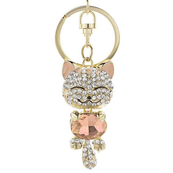 Lucky Crystal Cat Golden Maneki Neko Keyring - Etsy