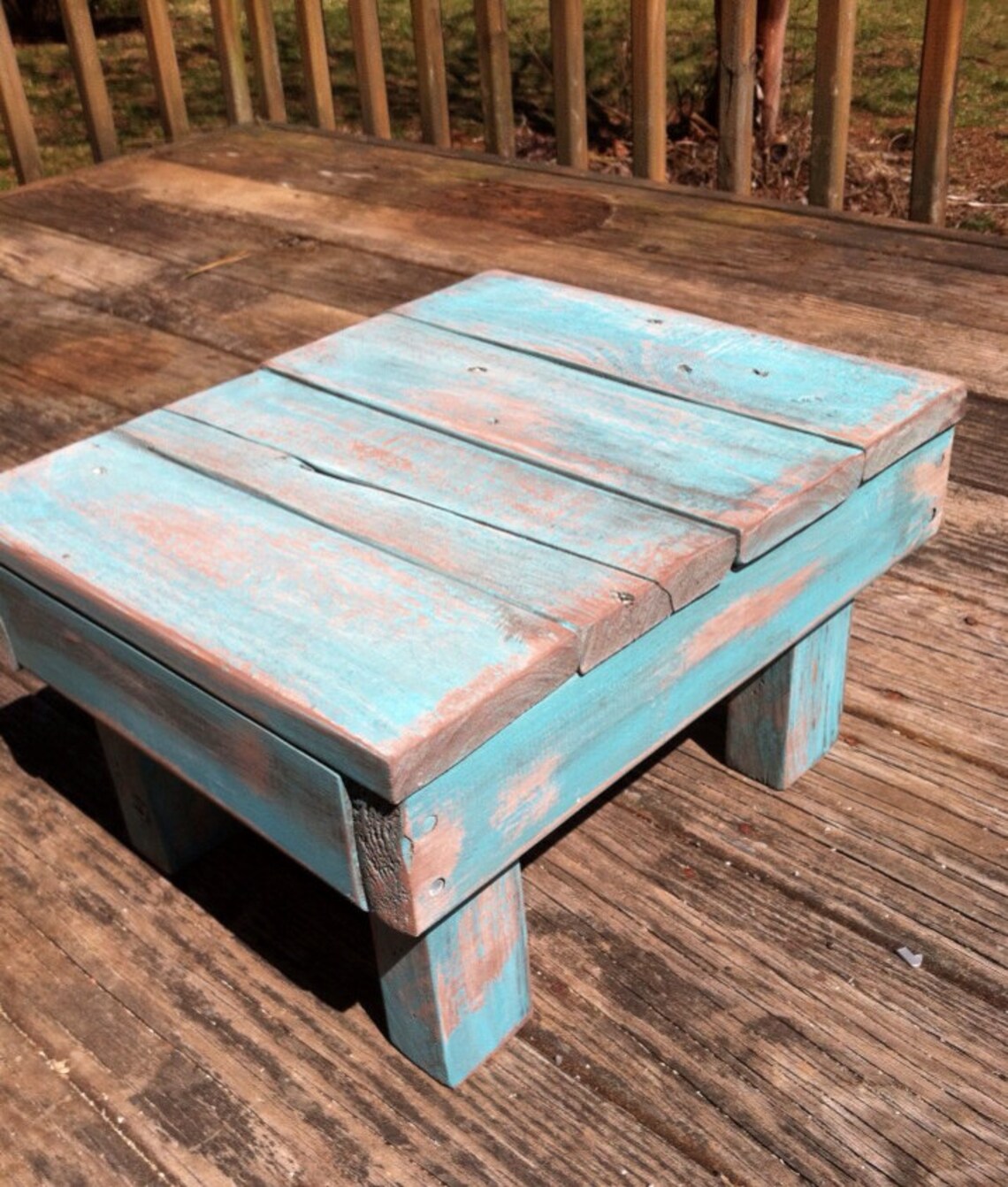 Reclaimed Wood Stool 14x14 Distressed Caribbean Blue | Etsy