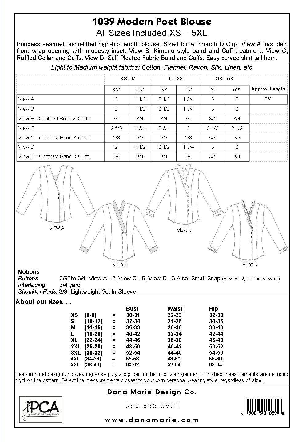 Modern Poet Blouse - Princess Seamed - Sewing Pattern - Multi Sized ...