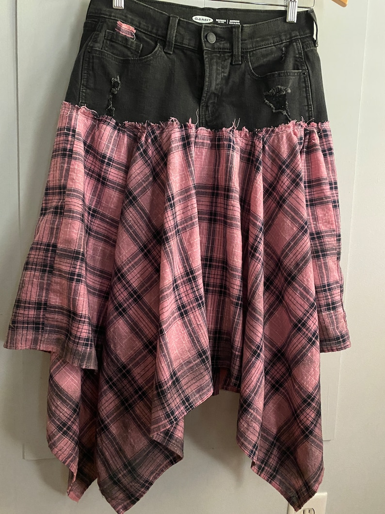 Frankenskirt - Plaid Punk Skirt With Denim Waist and Pockets - Upcycled ...