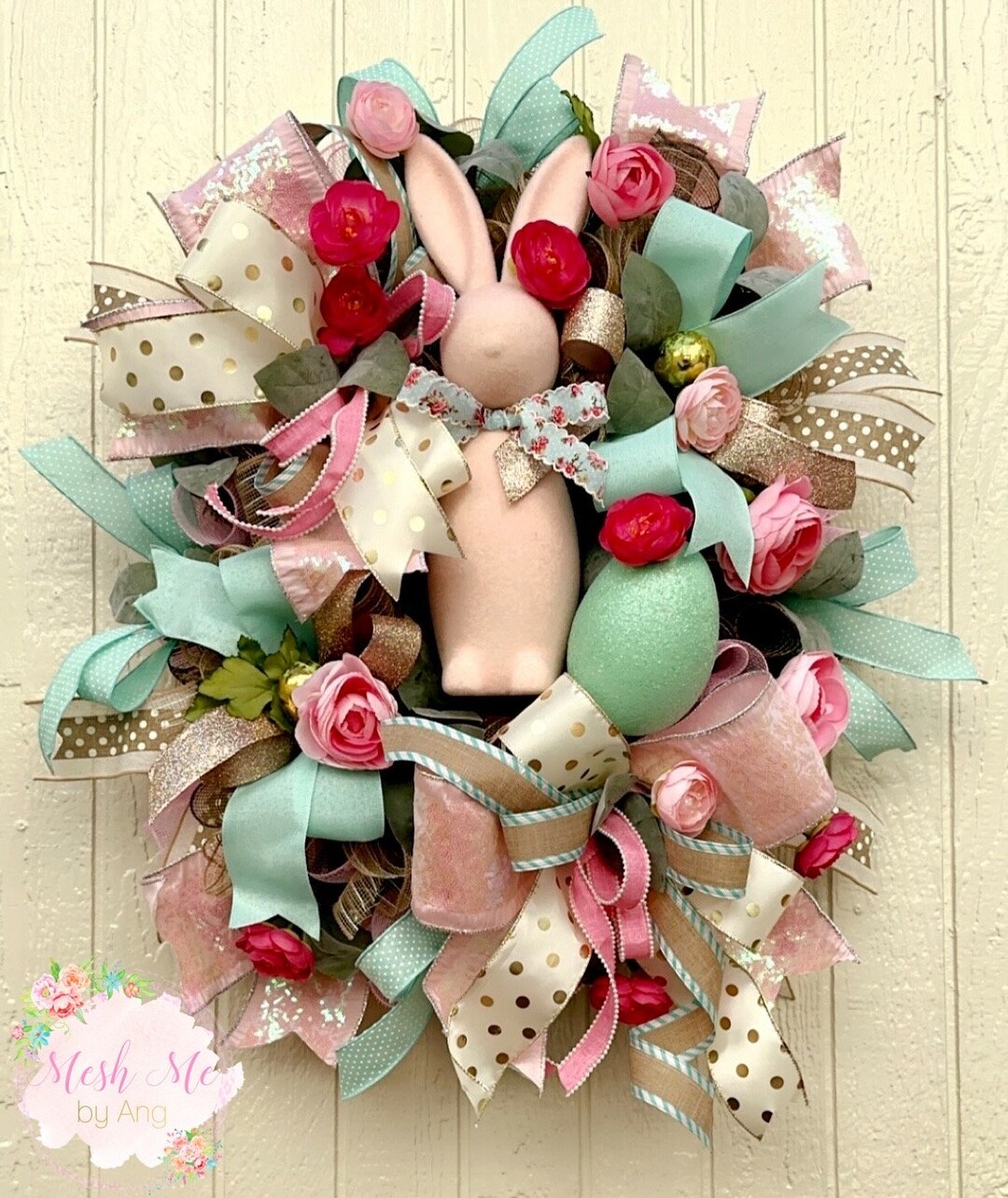 Pink Flocked Bunny Boho Wreath, Easter Eggs, Easter Bunny, Boho Wreath ...