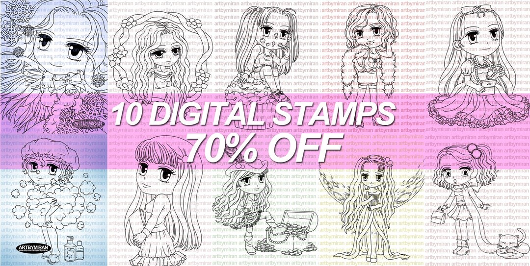 10 Images, Digi Stamps Cute Anime Girl Bundle 03 - 10 Kawaii Chibi ...