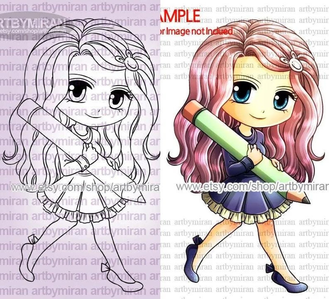Back to School Girl Digital Stamp - Pencil Penny (#306), Kawaii Chibi ...