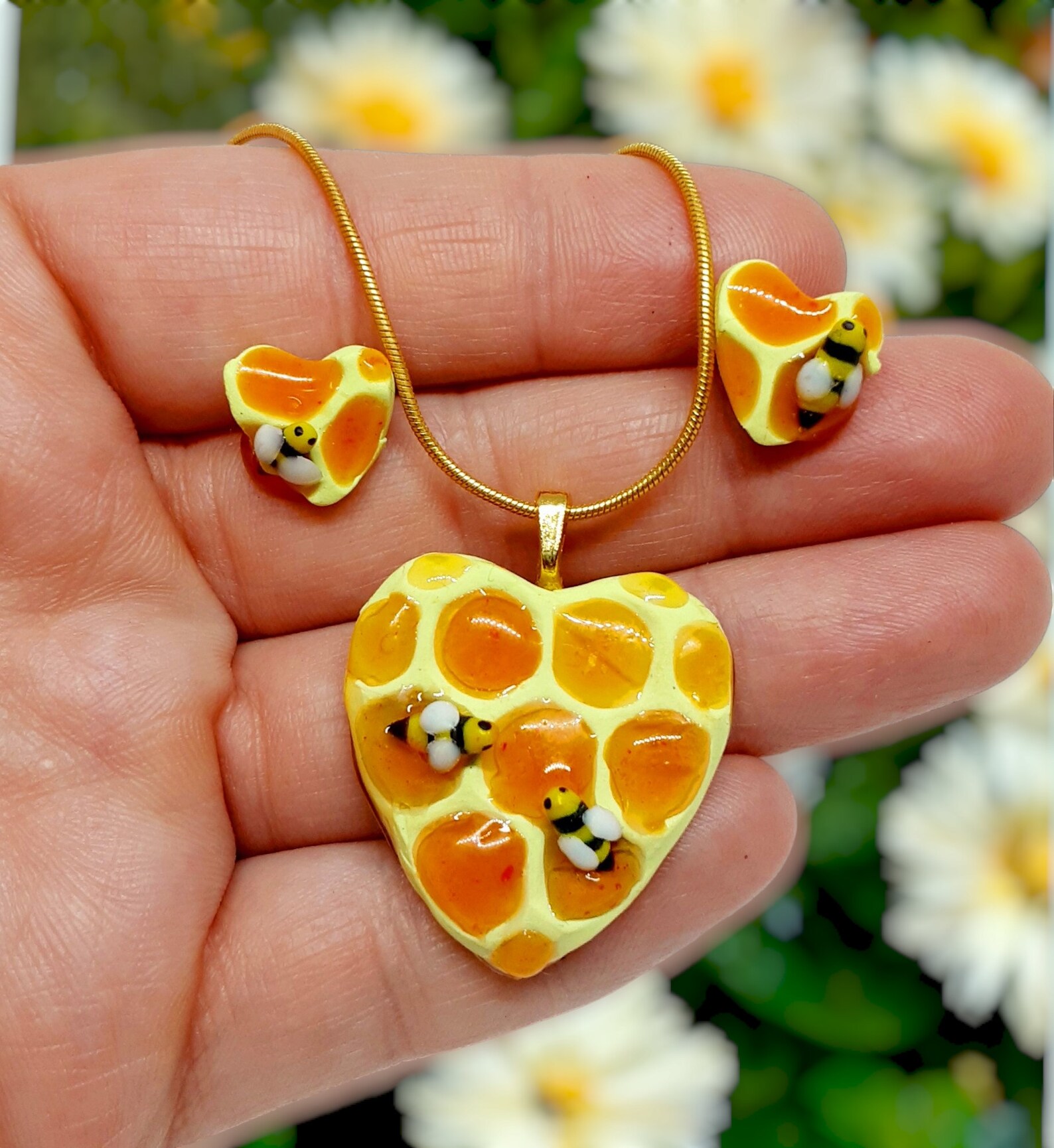 Mini,honeycomb,honey,bee,heart,gold,necklace,earrings,studs,ring ...