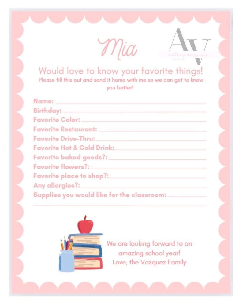Scalloped Teacher Questionnaire Get to Know the Teacher Teacher ...