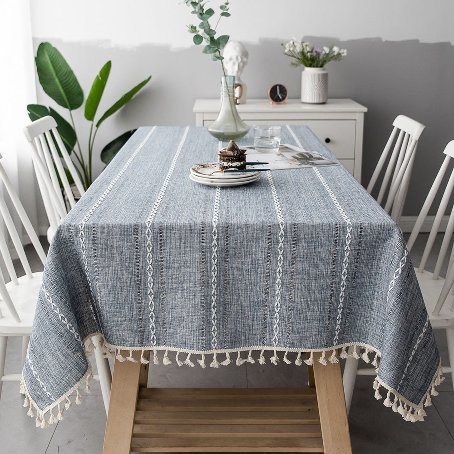 5 Colors Modern Embroidery Stripe Tablecloth With Tassel | Etsy