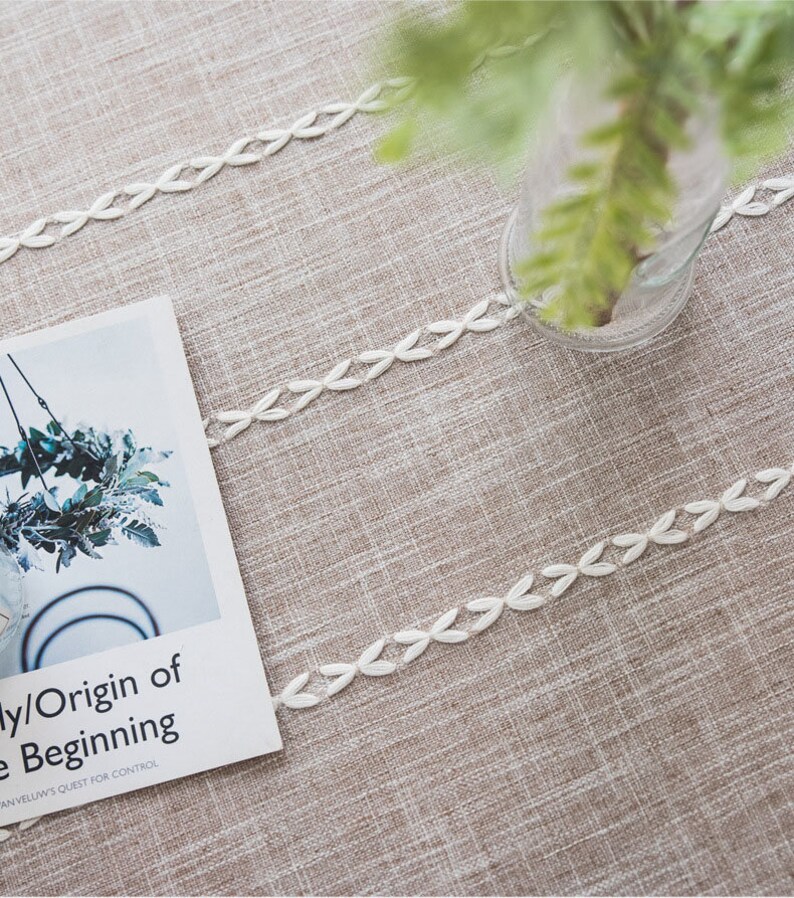 Modern Grey Coffee Embroidery Stripe Tablecloth With Tassel - Etsy