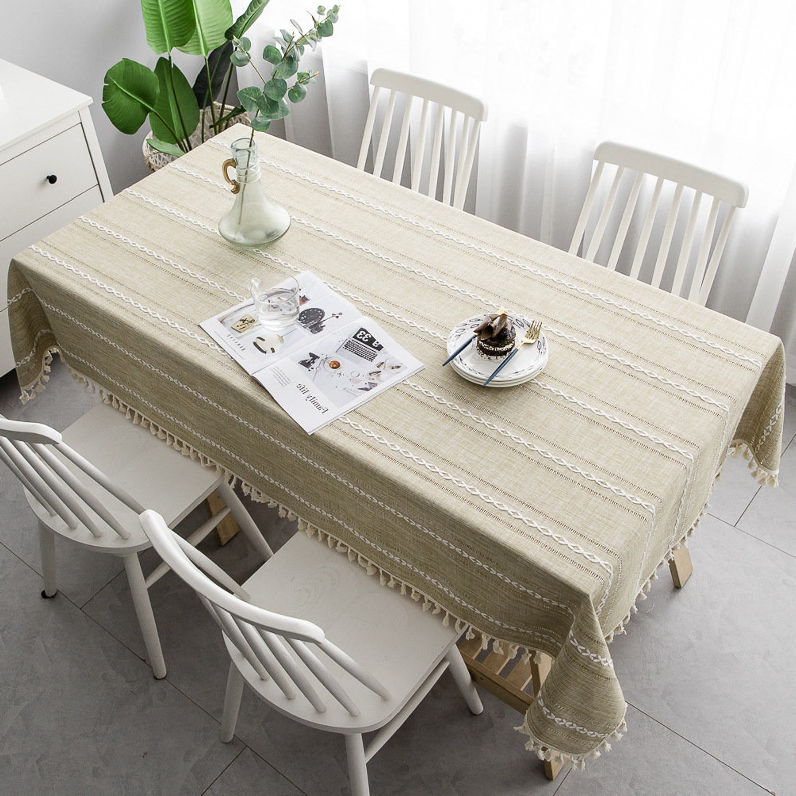 5 Colors Modern Embroidery Stripe Tablecloth With Tassel | Etsy