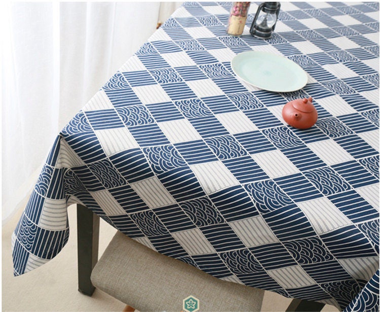 Tablecloth, Navy Plaid Linen Cotton Tablecloth, Vintage Decorative ...
