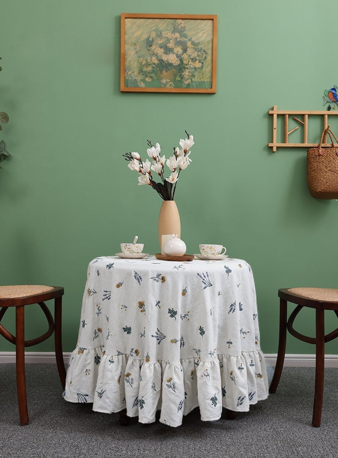 Vintage Lavender Round Ruffled Tablecloth Rustic Cotton Linen Embroider ...