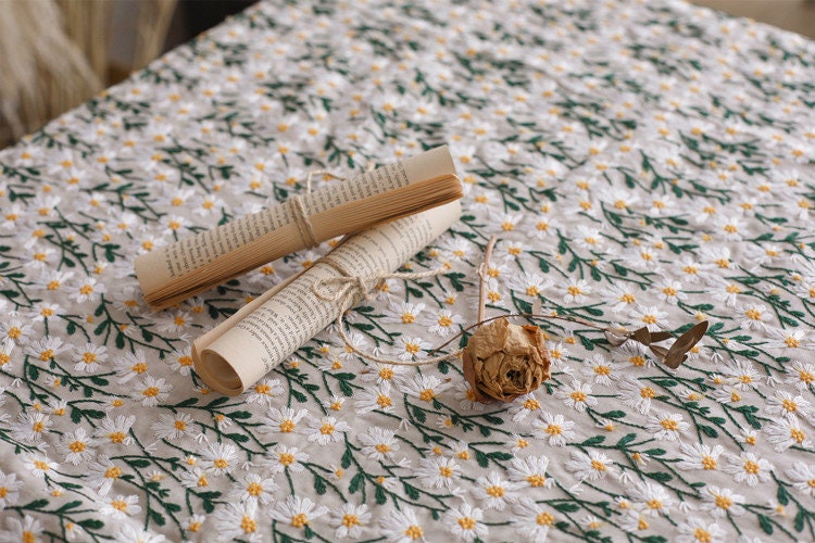 Green Daisy Flower Embroidery Tablecloth Cotton linen | Etsy