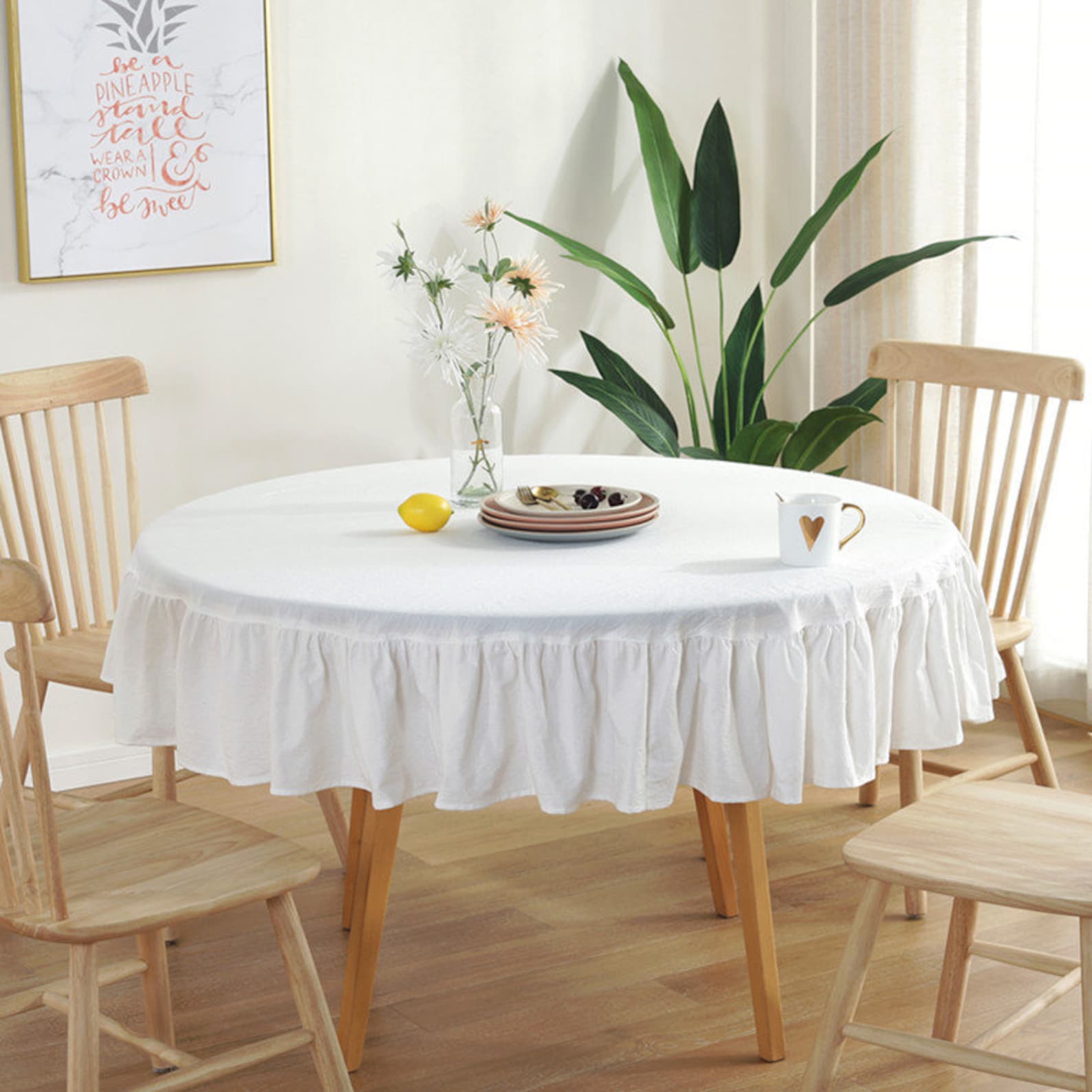 White Round Ruffled Tablecloth White Stone Washed Soft Cotton ...
