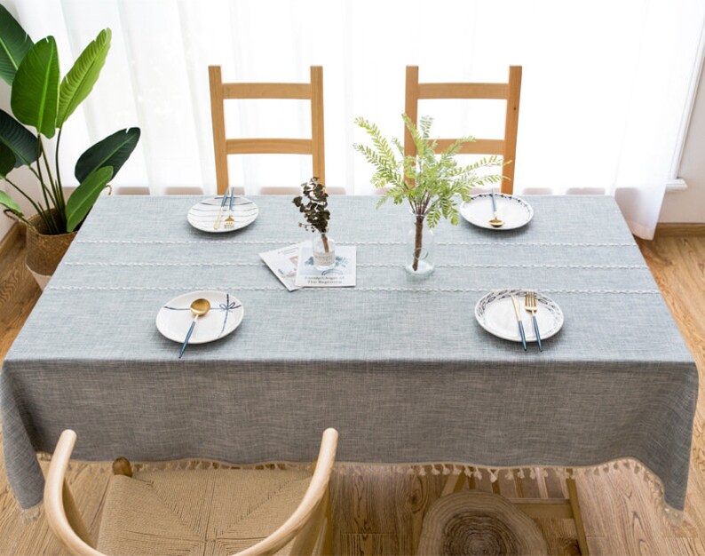 Modern Grey Coffee Embroidery Stripe Tablecloth With Tassel - Etsy