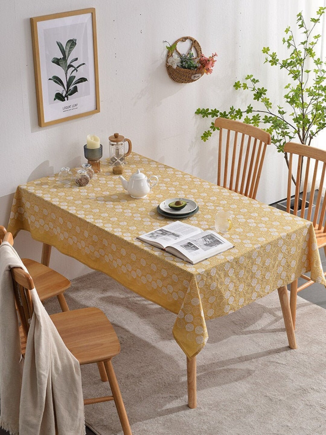 Yellow Hydrangea Flower Embroidery Tablecloth, Cotton Linen Tablecloth ...