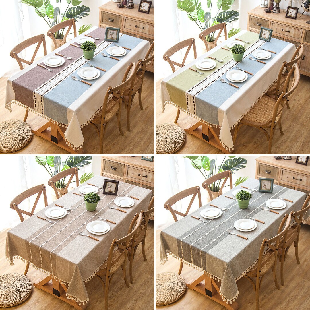 4 Colors Stripe Linen Cotton Table Cloth With Tassels Table - Etsy