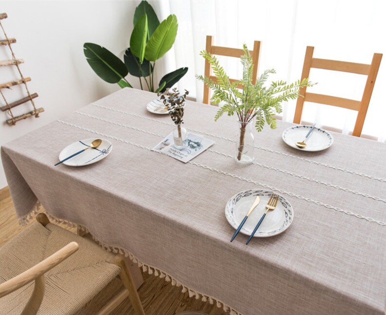 Modern Grey Coffee Embroidery Stripe Tablecloth With Tassel - Etsy