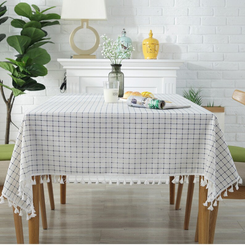 Raw White Blue Plaid Linen Cotton Table Cloth Tassel Lace, Table ...