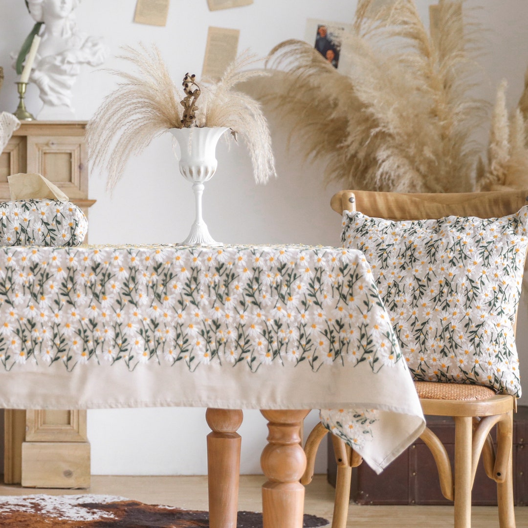 Embroidered Green Daisy Cotton Linen Tablecloth, Bright Floral Overlay ...