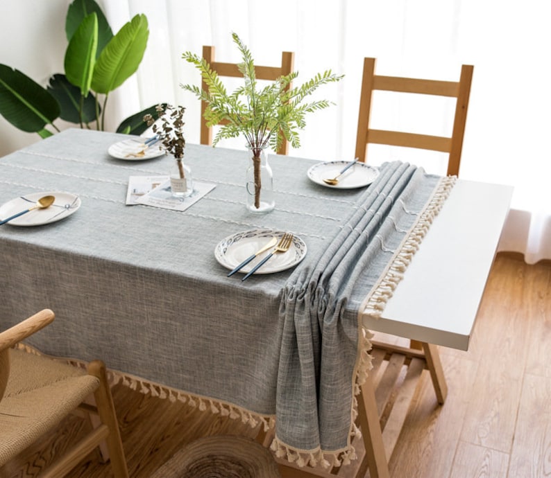 Modern Grey Coffee Embroidery Stripe Tablecloth With Tassel - Etsy