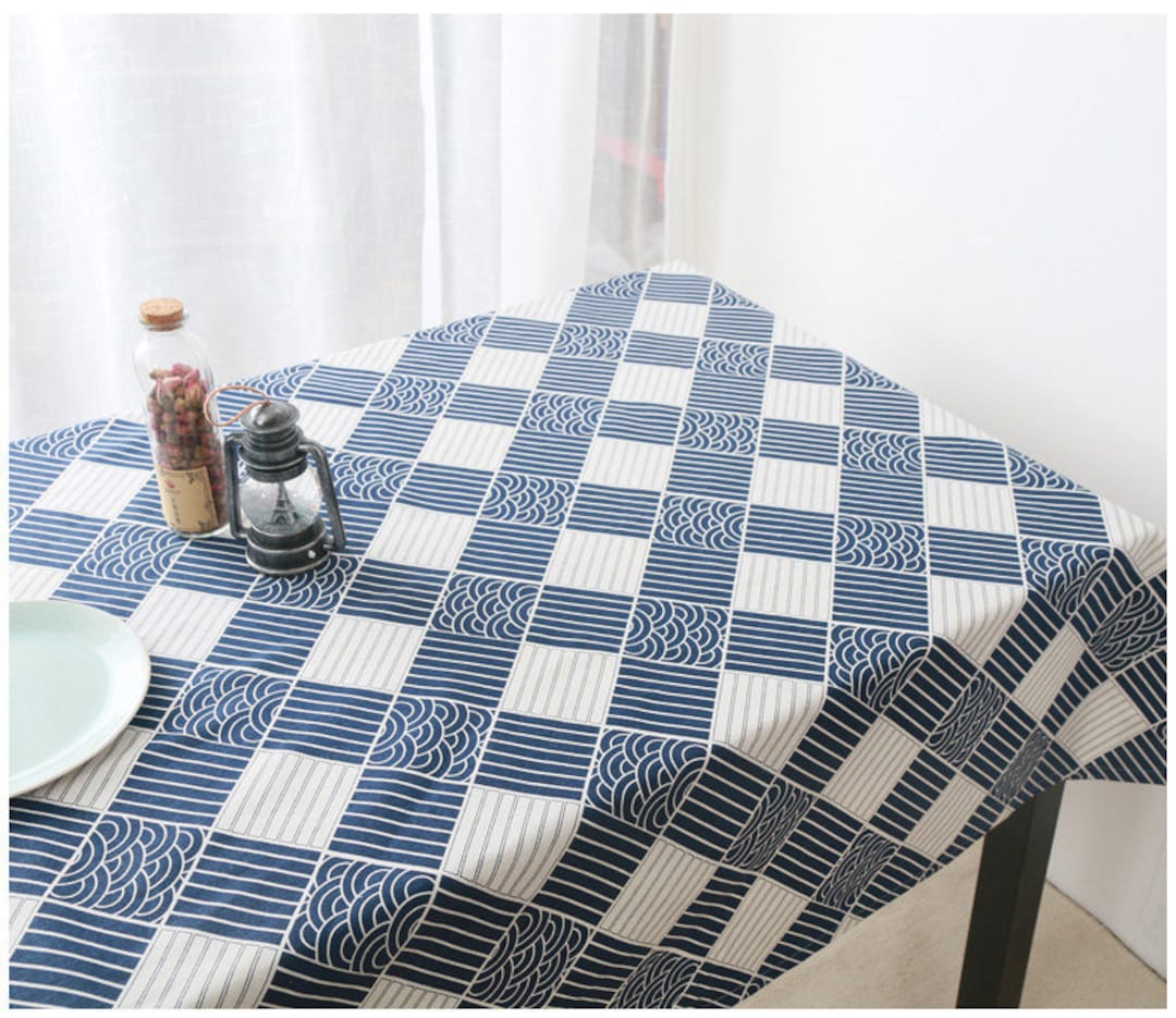 Tablecloth, Navy Plaid Linen Cotton Tablecloth, Vintage Decorative ...