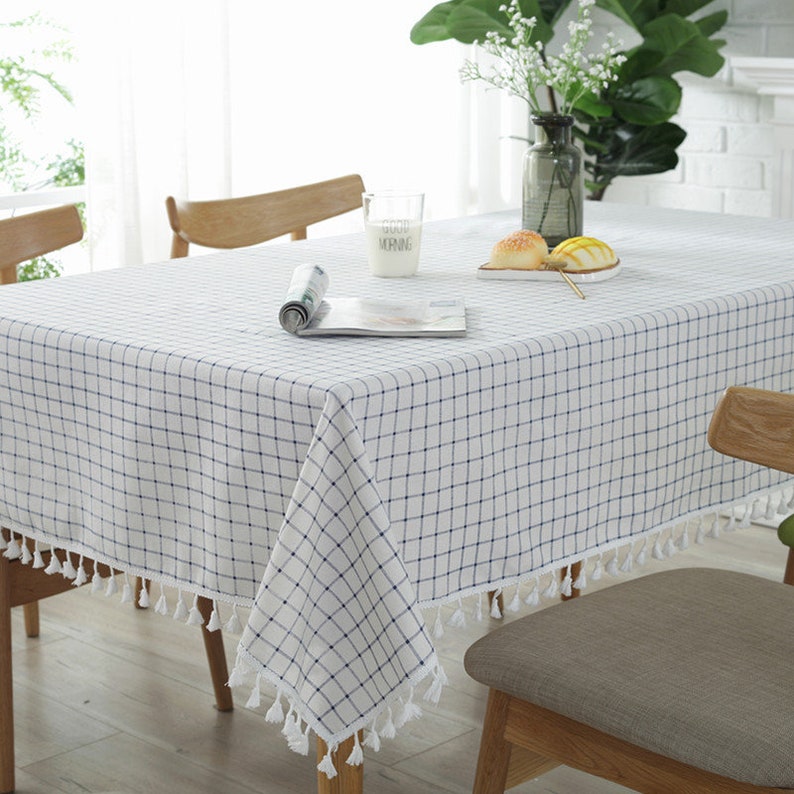 Raw White Blue Plaid Linen Cotton Table Cloth Tassel Lace, Table ...