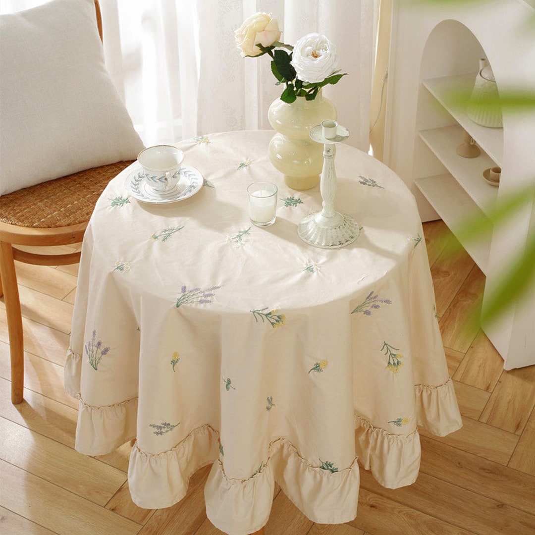Lavender Round Ruffled Tablecloth Cotton Flower Embroidery Tablecloths ...