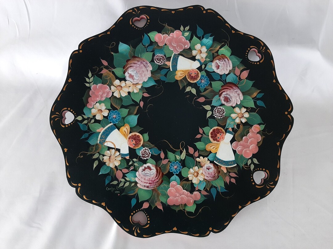 14" Hand Painted Norwegian Rosemaling Wooden Plate Valdres Style Angels ...