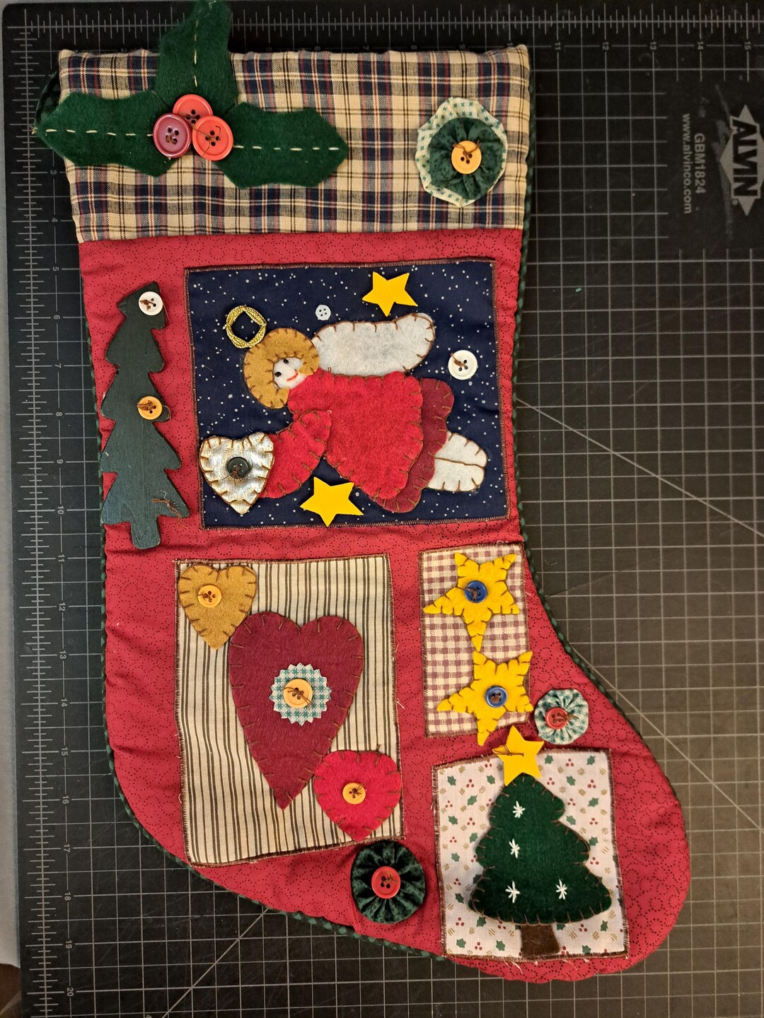 Vintage Hand Stitched Christmas Stocking Made in China Angel Holly ...