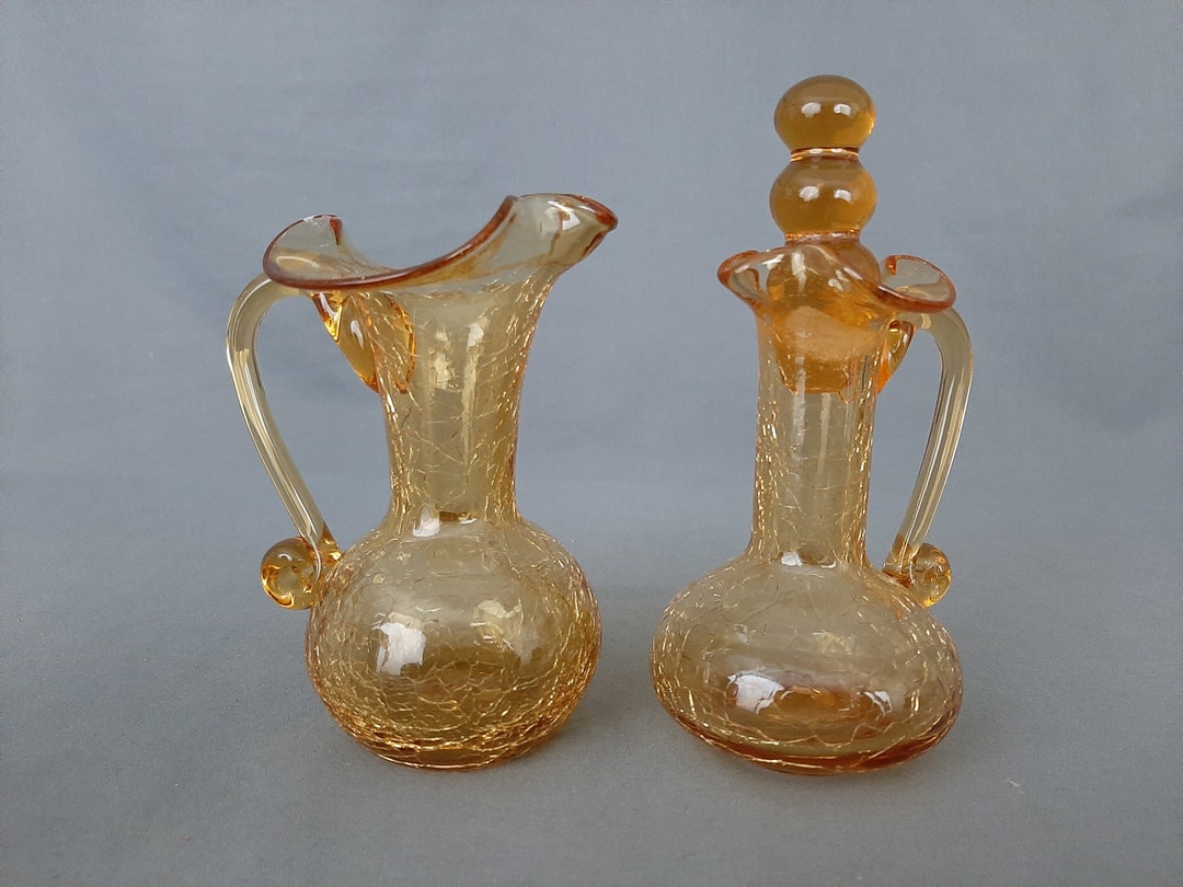 Amber Crackle Glass Cruet Set Brown Yellow Hand Blown Ruffled Top Glass ...