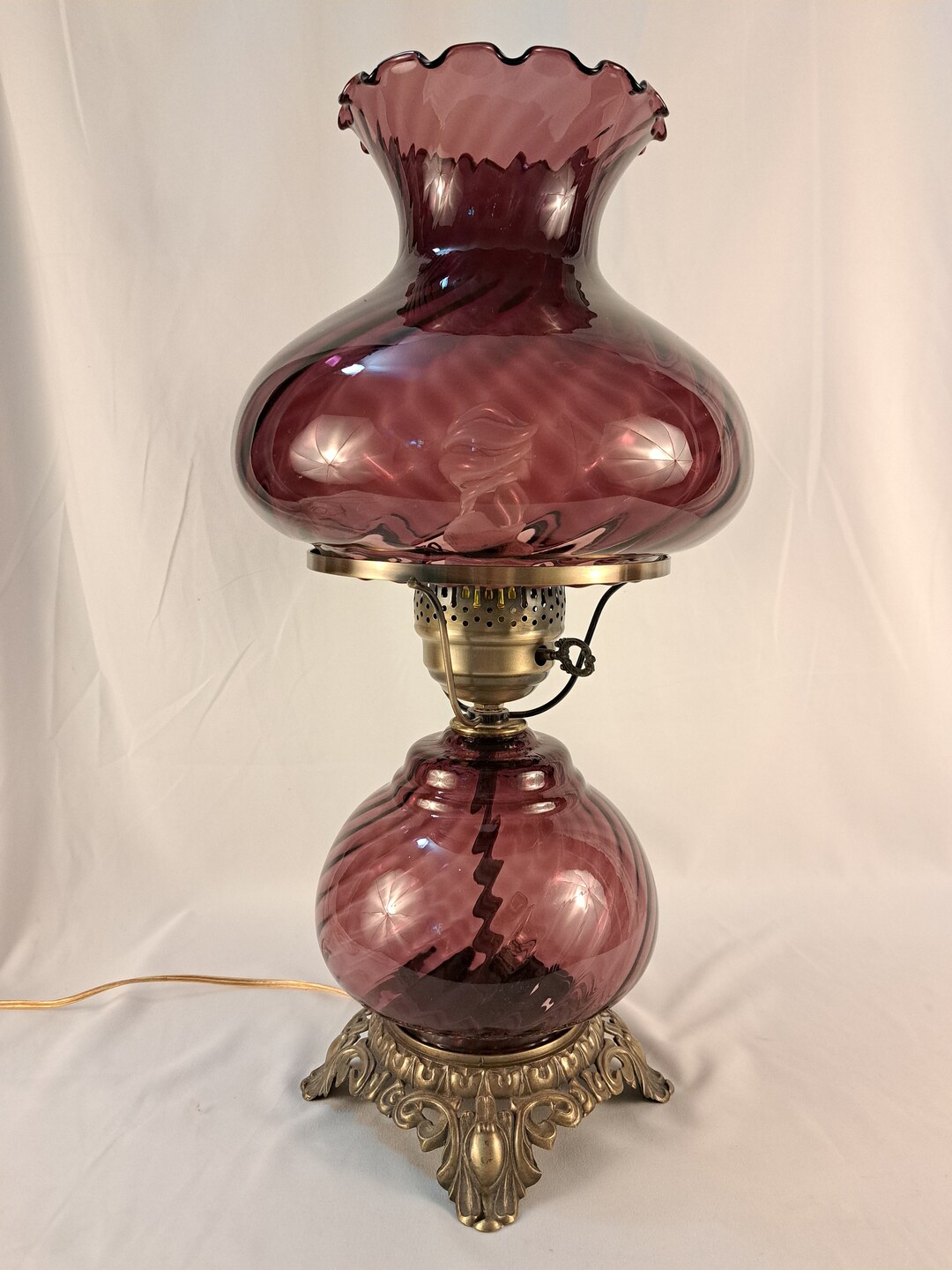 Vintage Amethyst Swirl Glass Hurricane Electric Table Lamp Purple Gone ...