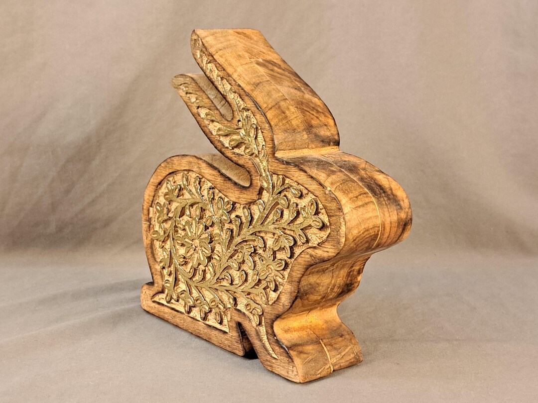 Wood Carved Bunny Rabbit With Gold Painted Flower Patterns Made in ...
