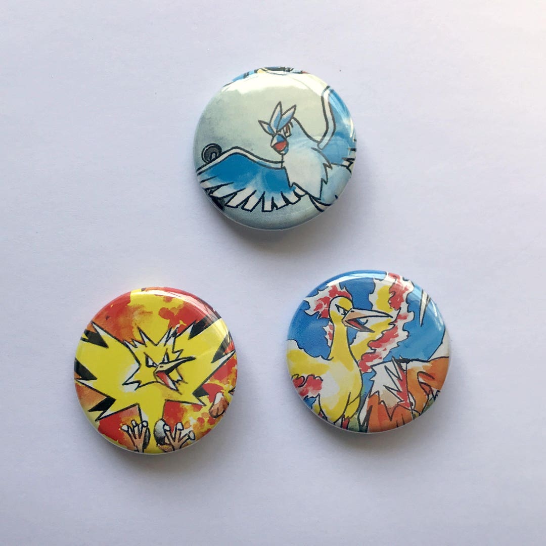 Pokemon Button Set Articuno Zapdos Moltres Set of 3 Upcycled Pinback ...