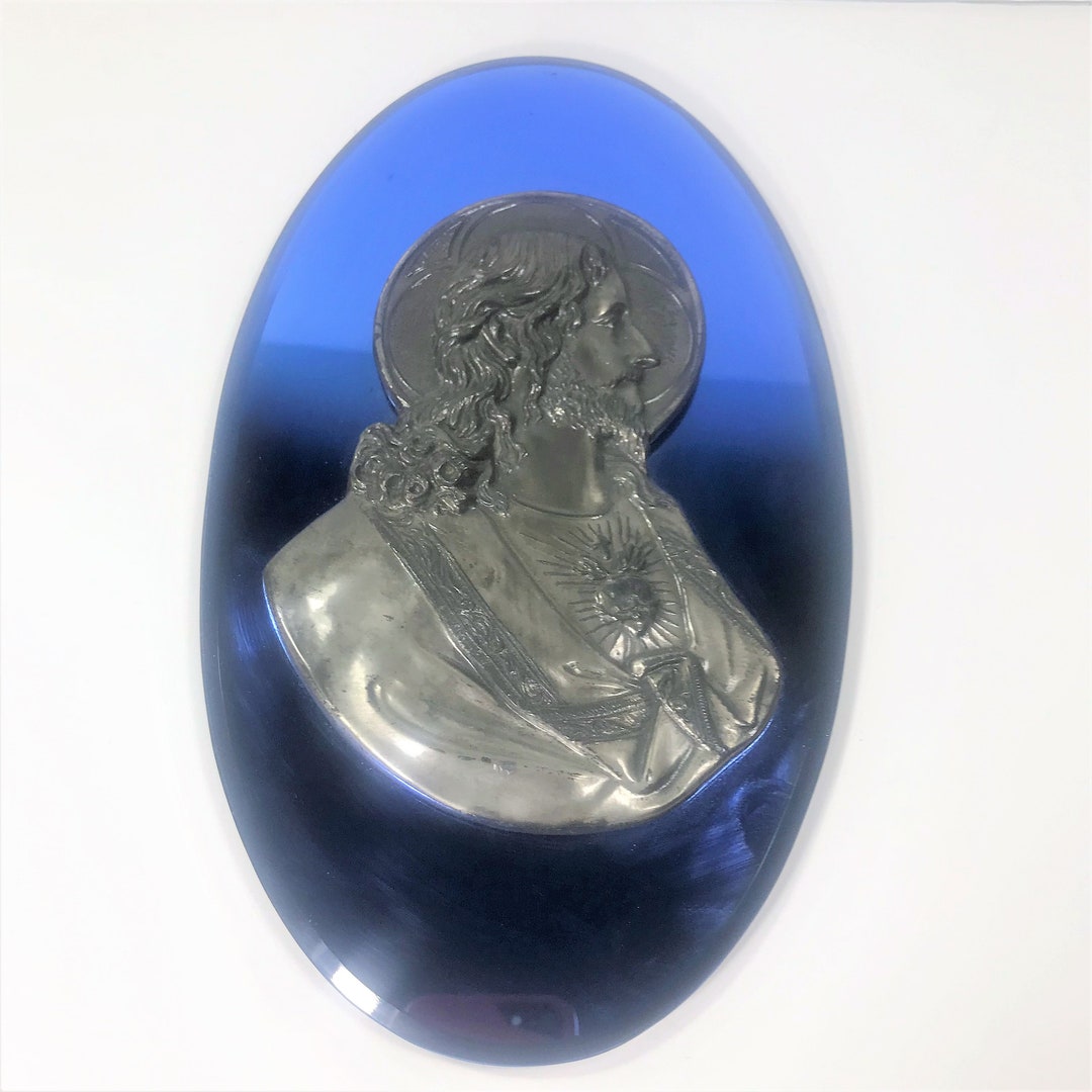 Vintage Oval Blue Glass Mirror With Jesus Christ Portrait in Silver ...