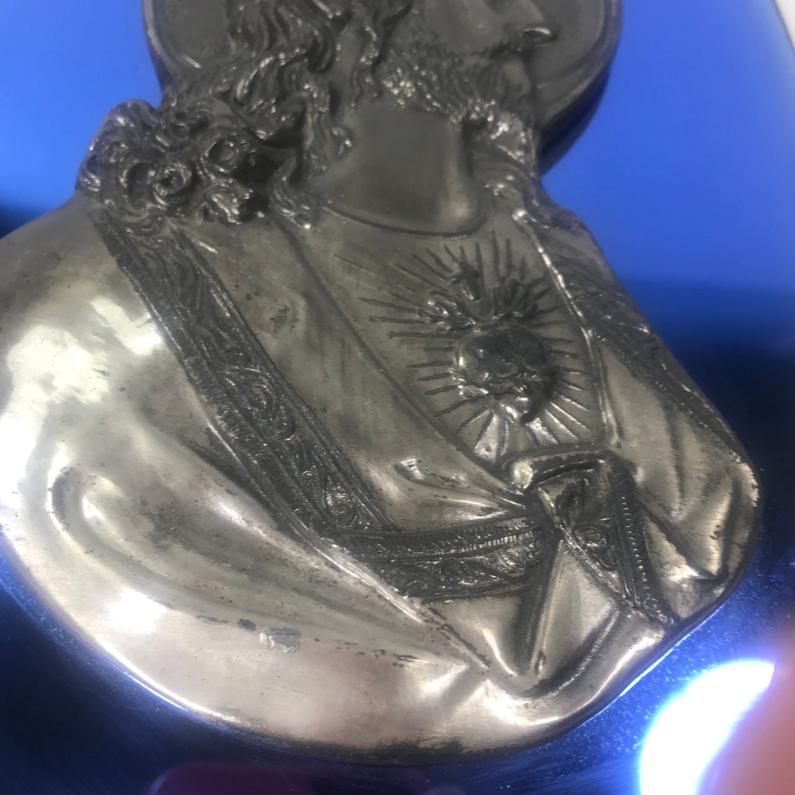Vintage Oval Blue Glass Mirror With Jesus Christ Portrait in Silver ...