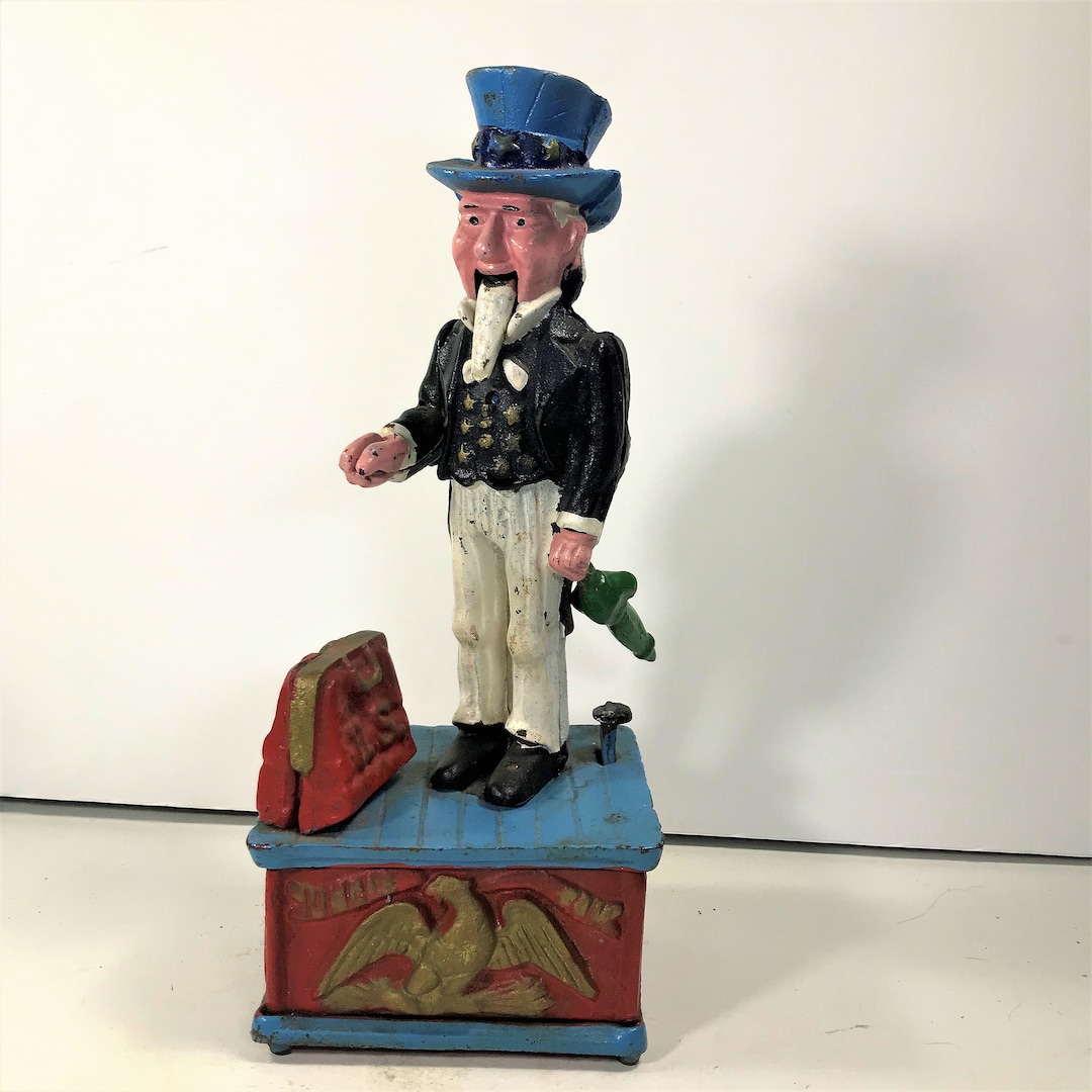Vintage Cast Iron Coin Bank Uncle Sam Working - Etsy